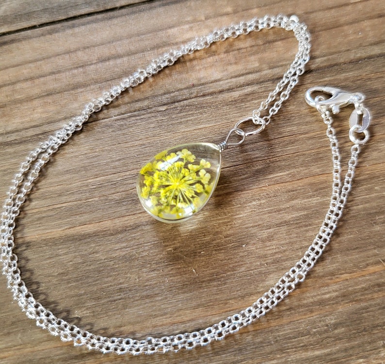 Yellow Spider Lily Pressed Flower Necklace- 925 Sterling Silver Dried ...