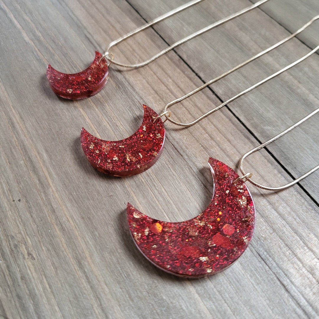 Glittering Red Gold Moon Necklace- Handmade 18k Gold Resin Moon Goth ...
