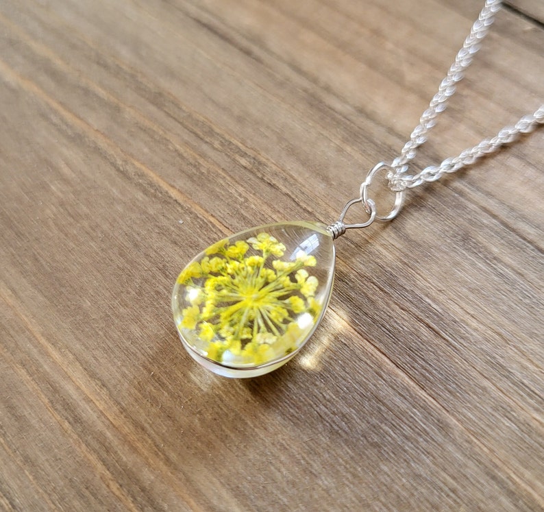 Yellow Spider Lily Pressed Flower Necklace- 925 Sterling Silver Dried ...