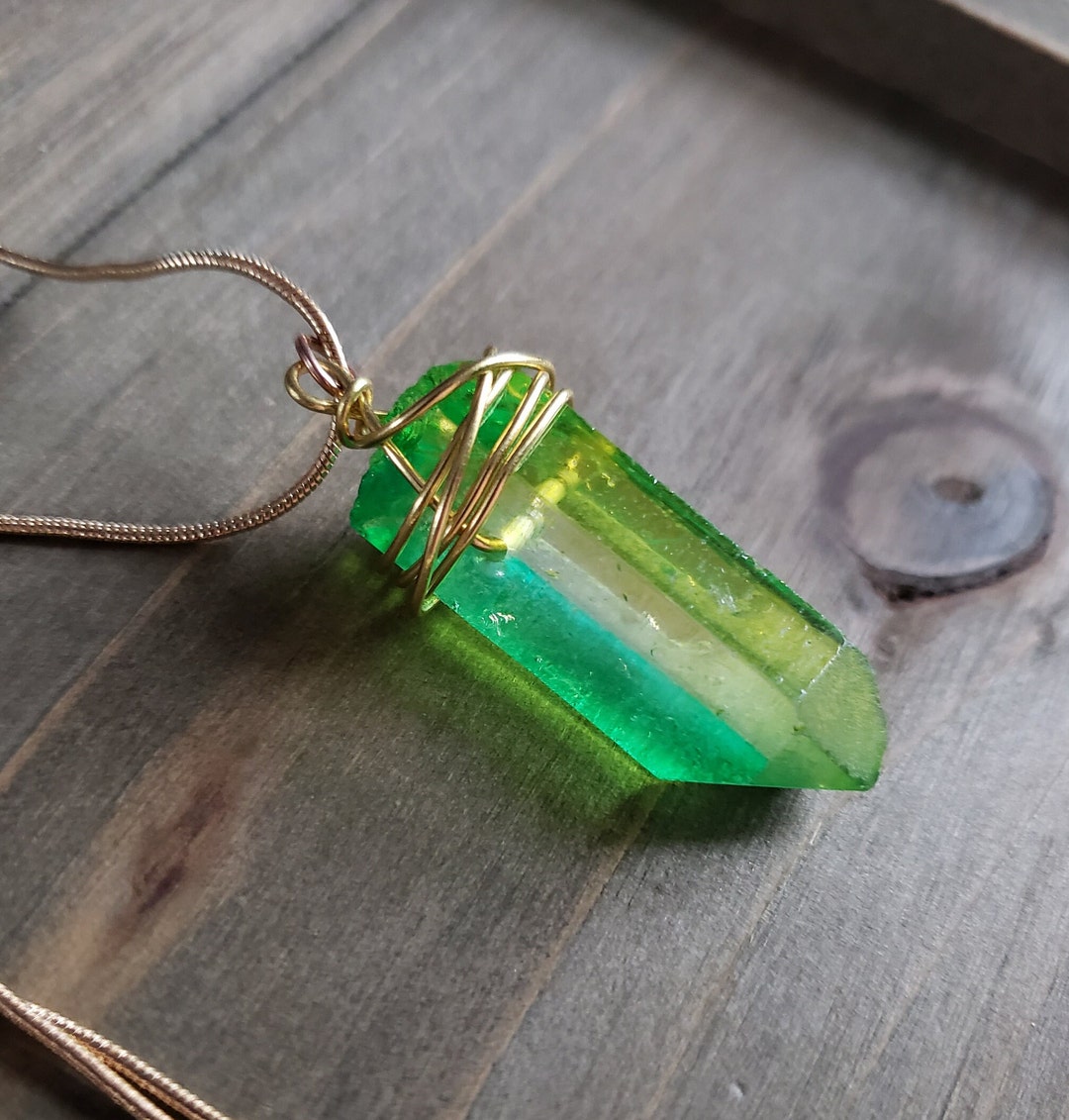 18k Gold Wire Wrapped Green Aura Emerald Green Quartz Crystal Nugget ...