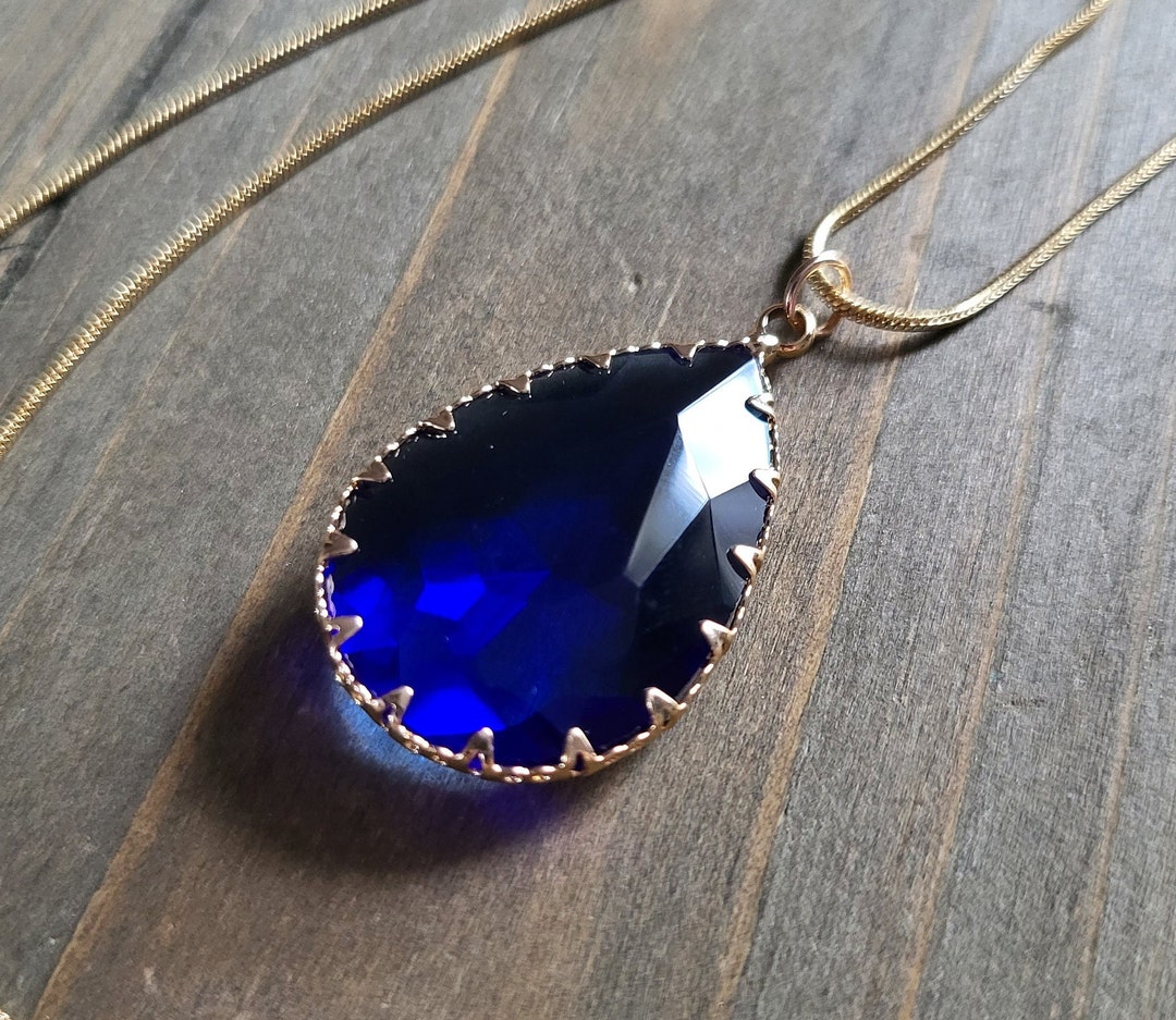 18k Gold Royal Blue Crystal Necklace- Handmade Real Stone Deep Blue ...
