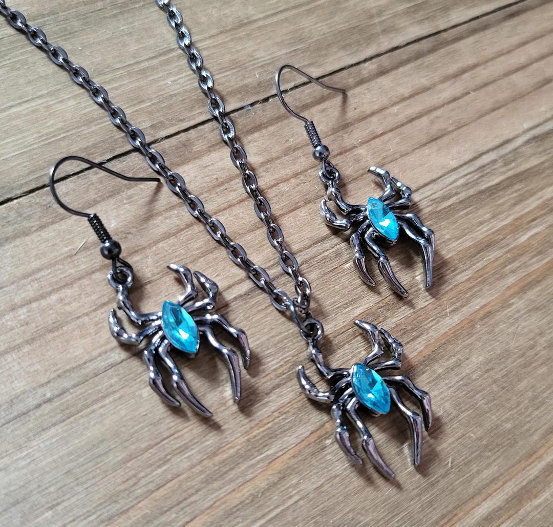 Dark Silver Aqua Blue Crystal Spider Earrings Necklace Jewelry Set ...