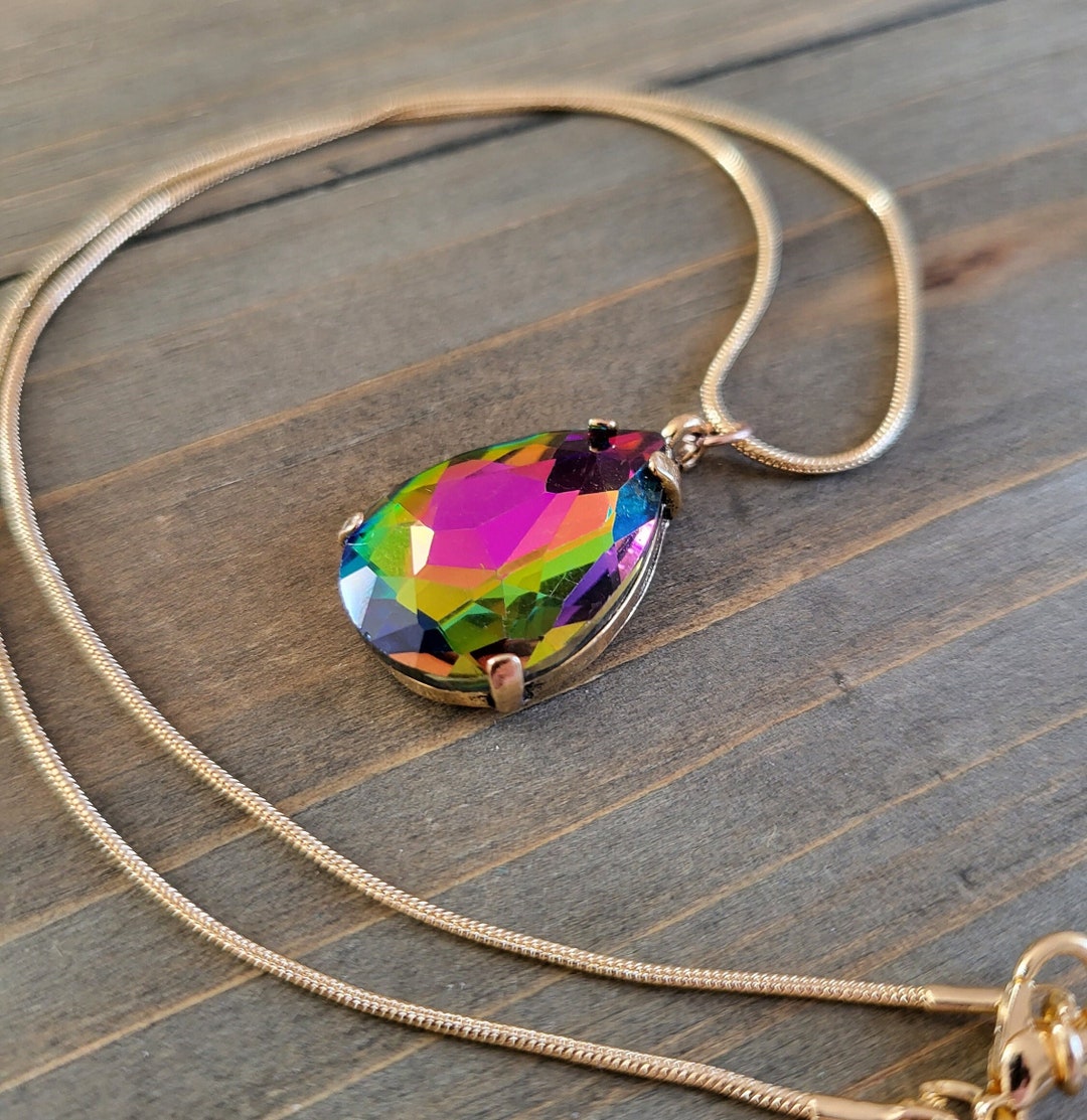 18k Gold Rainbow Crystal Necklace- Handmade Real Stone Iridescent ...