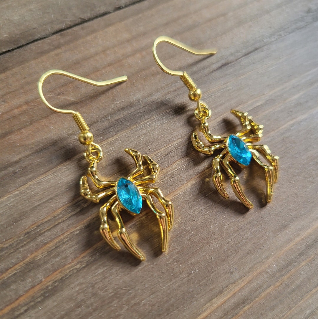 18k Gold Blue Crystal Spider Earrings- 18k Gold Spiders Handmade ...