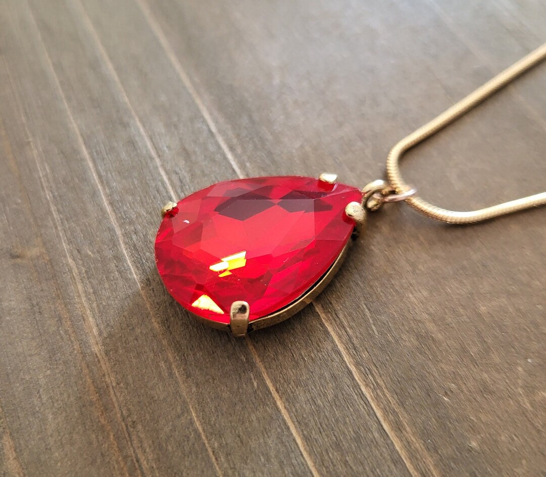 18k Gold Fire Red Crystal Necklace- Handmade Real Stone Fiery Red ...