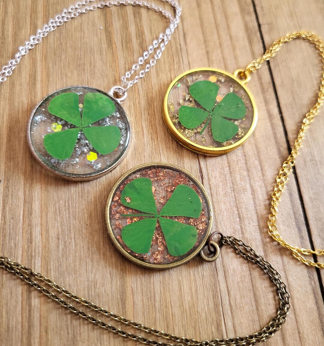 Green Four Leaf Clover Circle Necklace 18k Gold 925 Silver Bronze Foil ...