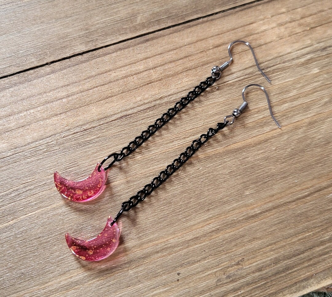Blood Red Crescent Moon Black Dangle Earrings- Gun Metal Black Chain ...