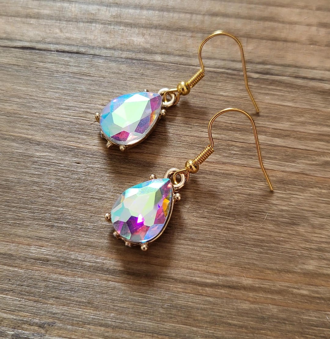AB Rainbow Crystal Earrings- 18k Gold Handmade Iridescent Glass Crystal ...