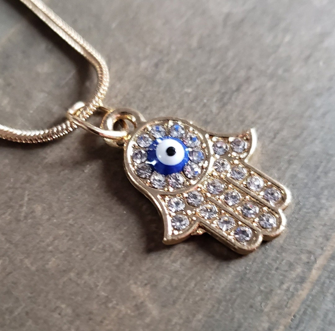 Gold Hamsa Evil Eye Hand Necklace- 18k Gold Protection Amulet Ward Evil ...