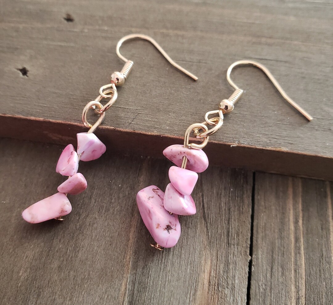 Strawberry Milk Pink Agate Rough Crystal Chips Earrings- 18k Gold ...