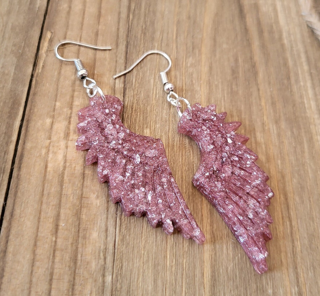 Dusty Pink Silver Flake Angel Wing Earrings Handmade 925 Sterling ...