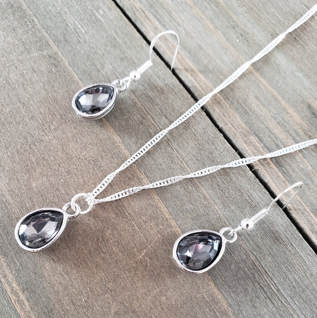 Misty Gray Crystal Jewelry Set- 925 Sterling Silver Water Ripple ...