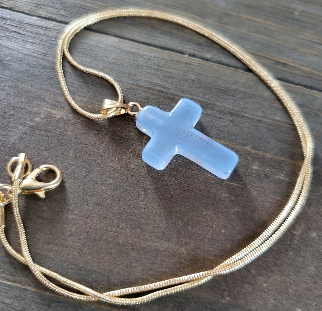 Sky Blue Glass Cross Necklace 18k Gold Handmade Celtic Glass Cross ...
