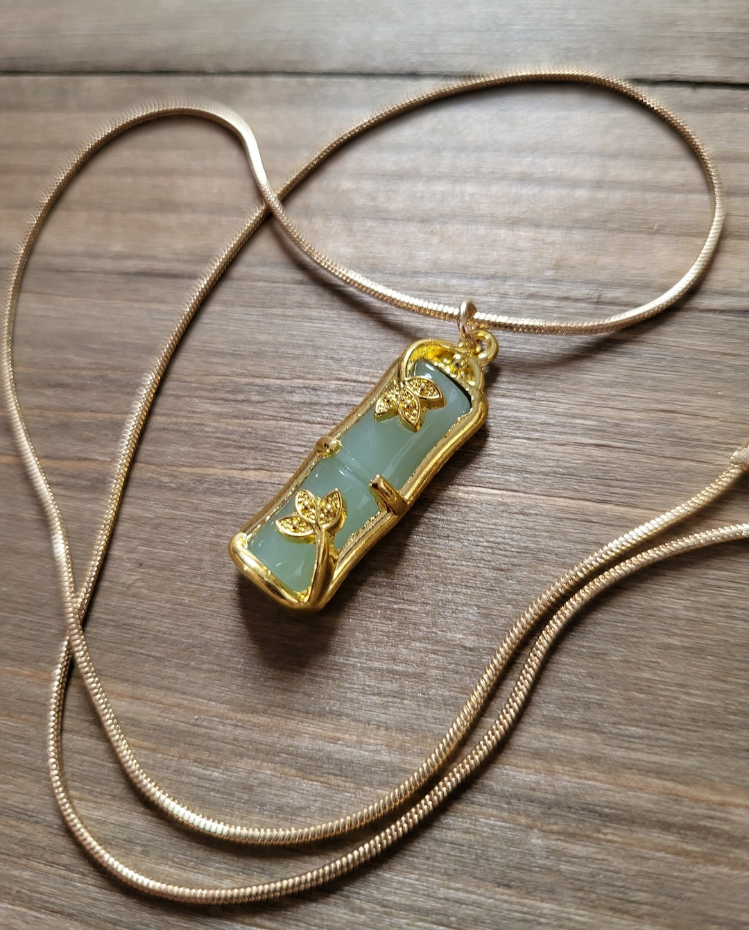 Green Jade Crystal Bamboo Necklace- 18k Gold Green Jade Stone Handmade ...