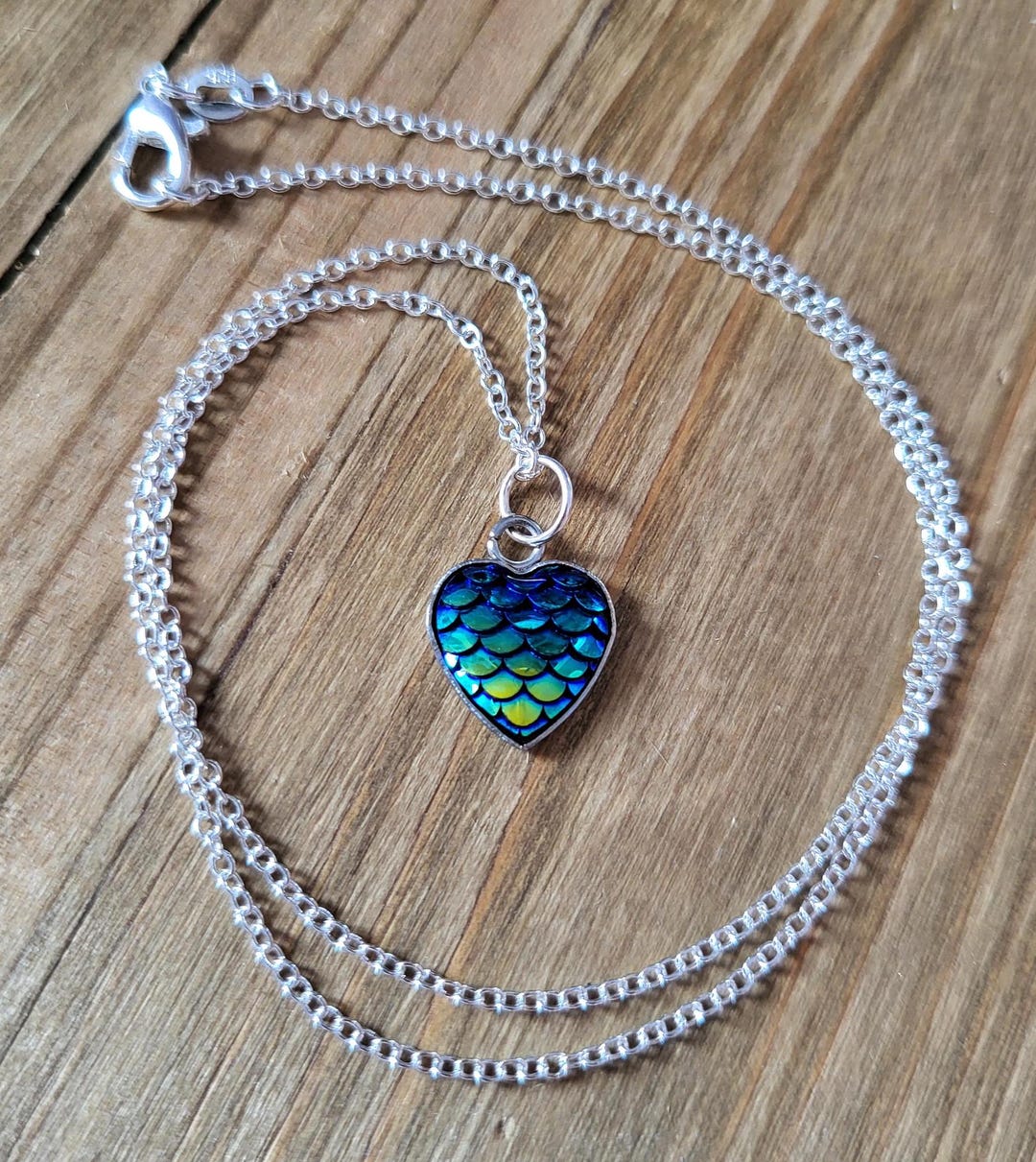 Ocean Blue Green Mermaid Heart Necklace- 925 Sterling Silver Handmade ...