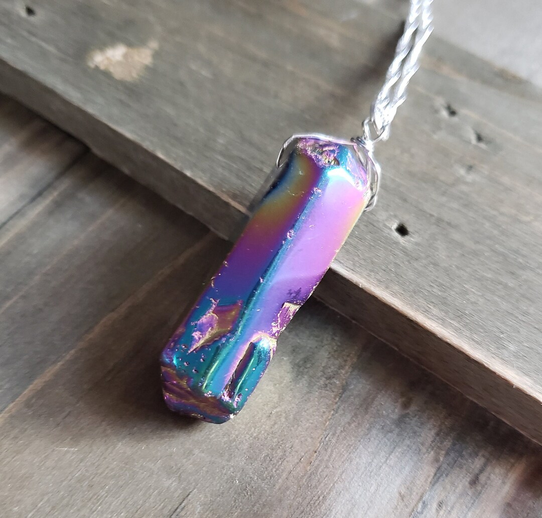 Raw Titanium Flame Rainbow Aura Quartz Crystal Necklace- 925 Sterling ...