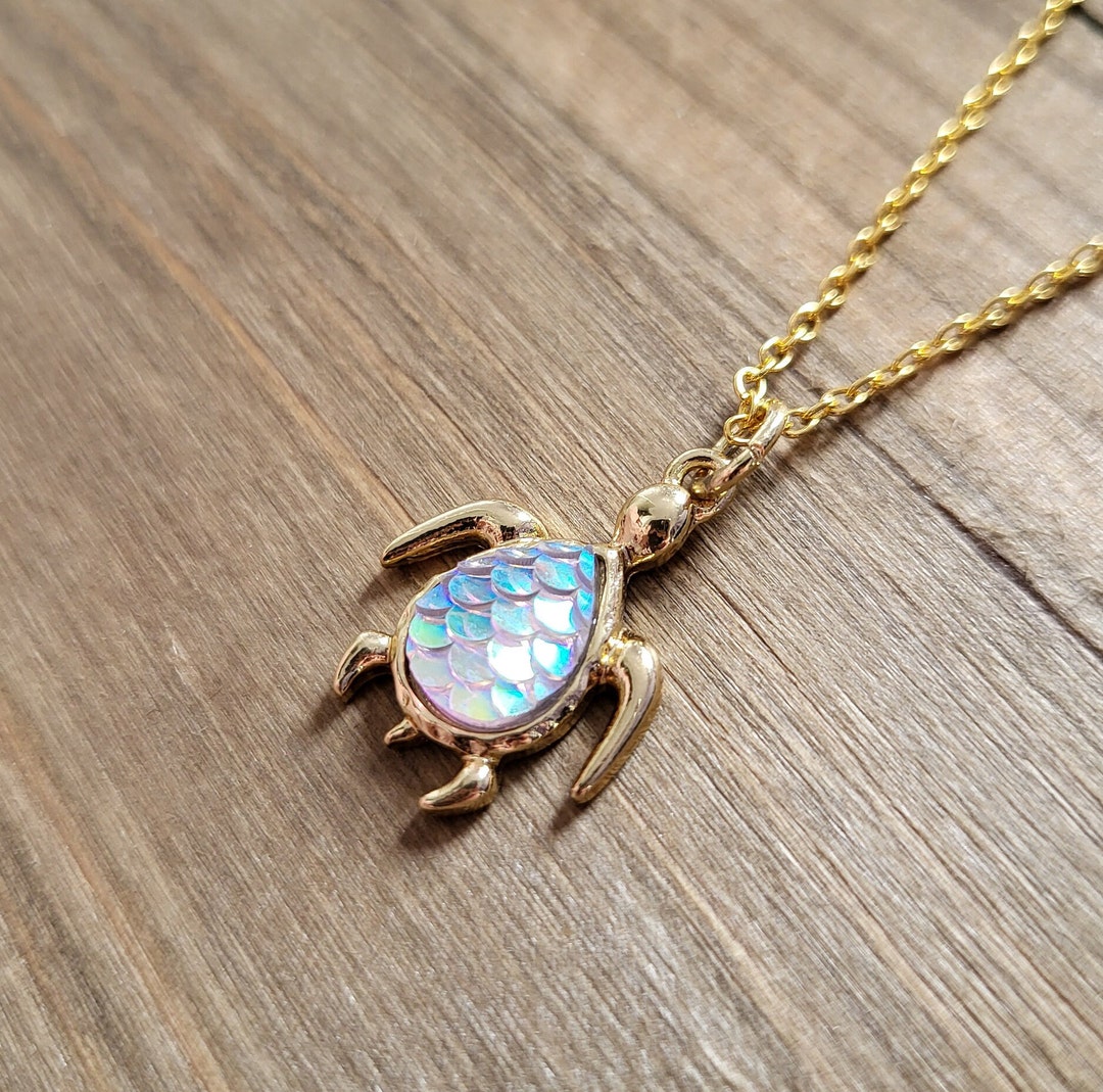 Rainbow Shell Sea Turtle Necklace- 18k Gold Iridescent Teardrop Aurora ...
