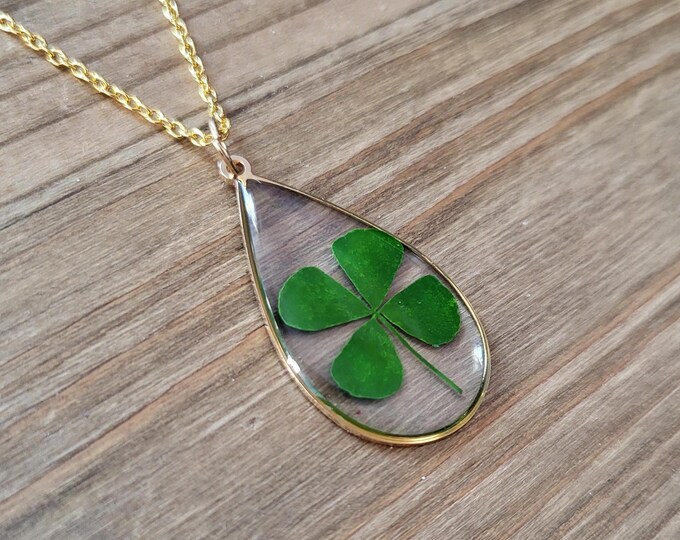 Green Four Leaf Clover Water Drop Necklace- 18k Gold Preserved Dried ...