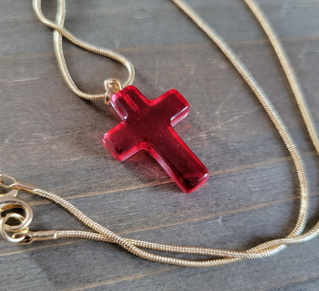 Blood Red Glass Cross Necklace- 18k Gold Handmade Celtic Glass Cross ...