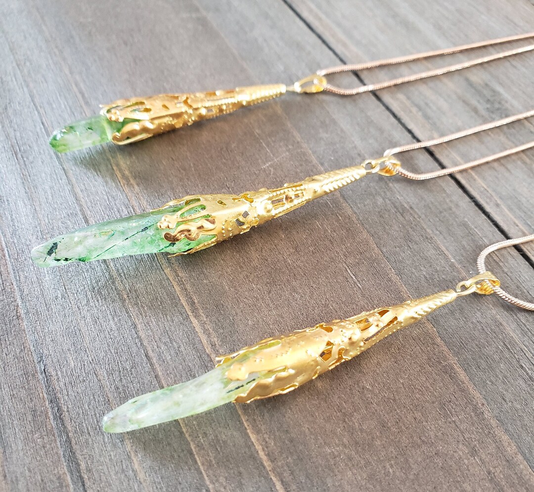 Caged Green Quartz Natural Stone Necklace 18k Gold Snake Chain Necklace ...