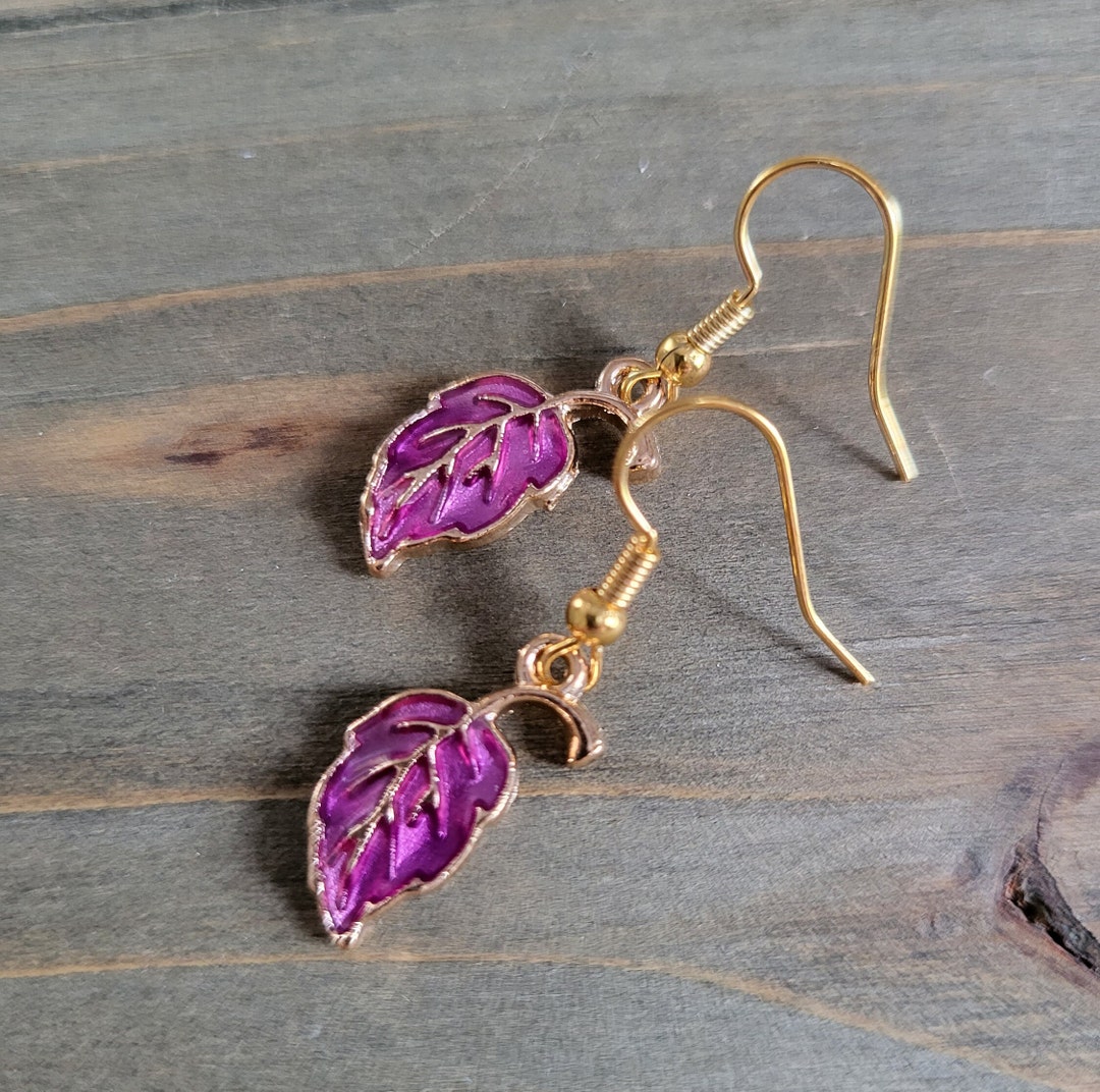 Plum Purple Leaf Fall Earrings- 18k Gold Leaf Earrings- Handmade Autumn ...