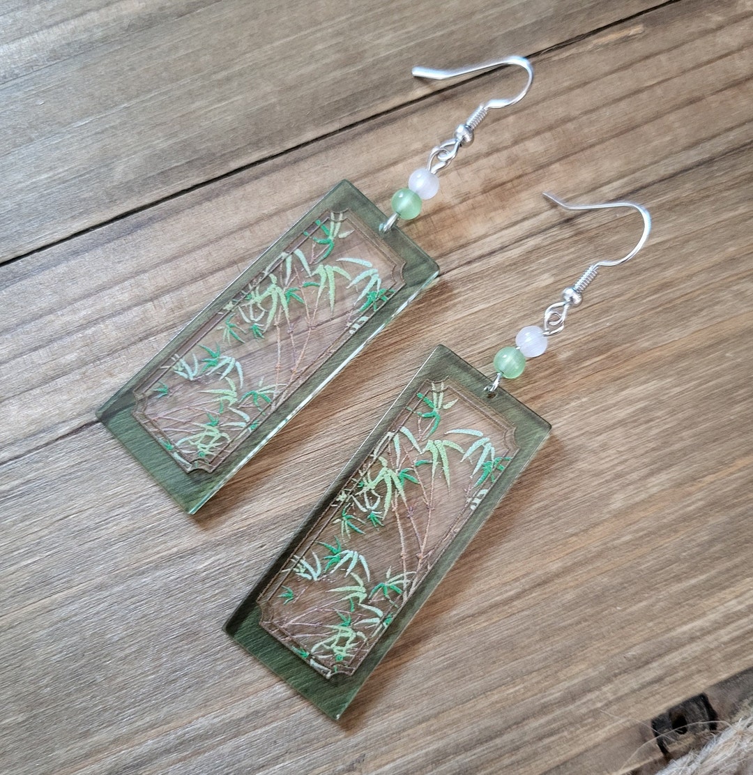 Sage Green Bamboo Resin Rectangle Earrings- Handmade 925 Sterling ...