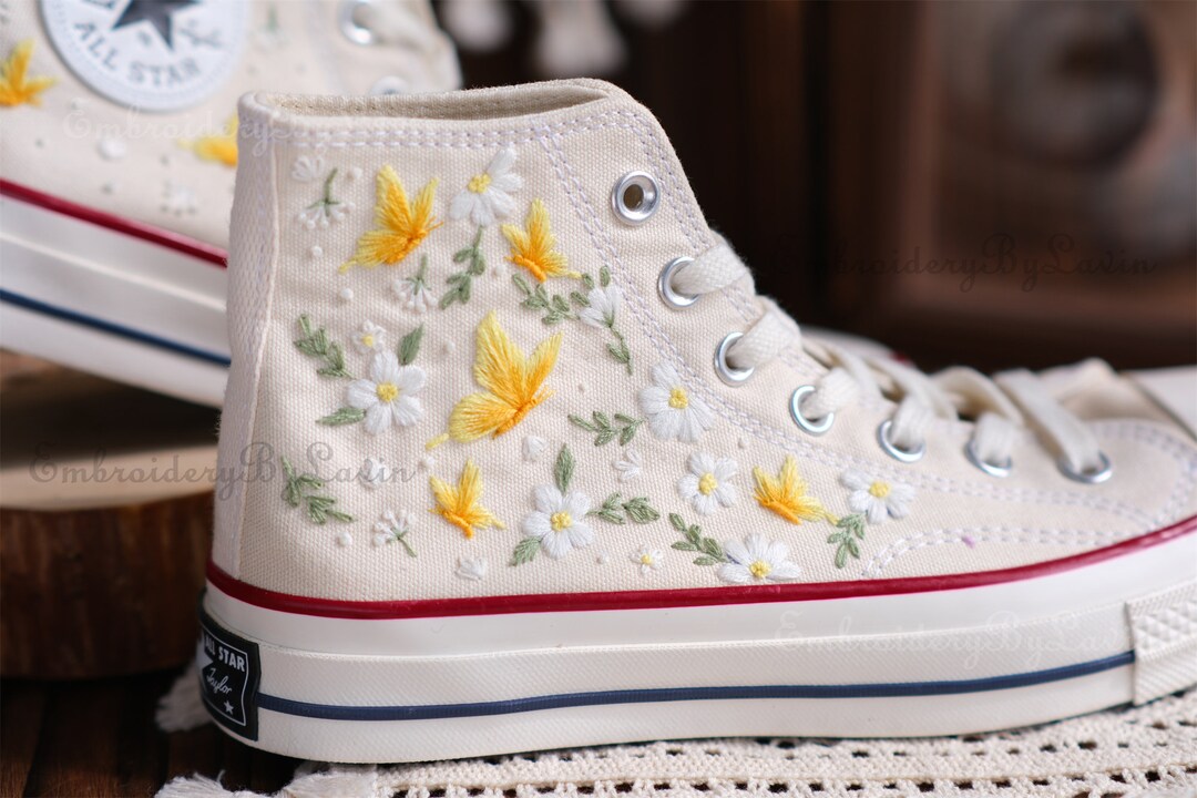Converse Butterfly Flower Embroidered Shoes,1970s Converse Chuck Taylor ...