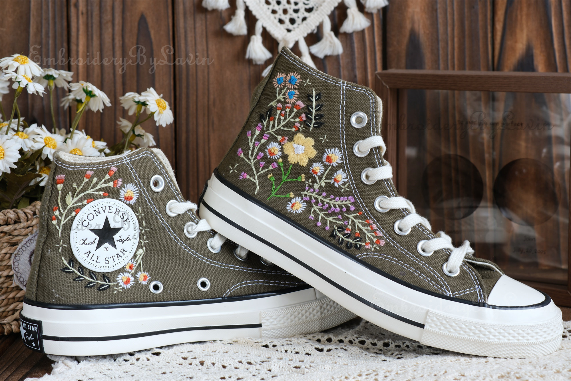 Converse Whimsical Floral Embroidered Shoes 1970s Converse Chuck Taylor Converse Customized Small Flower Small Flower Embroidery