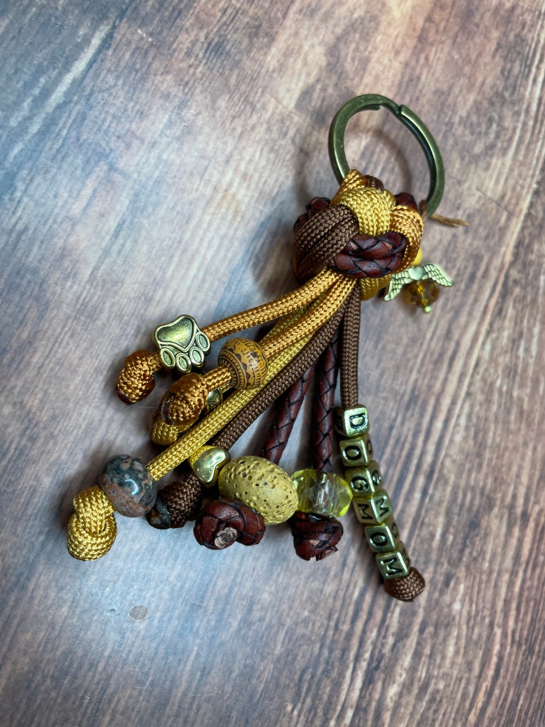 Beautiful Keychain Made of Cord and Leather, Mustard, Gold, Brown, Name ...