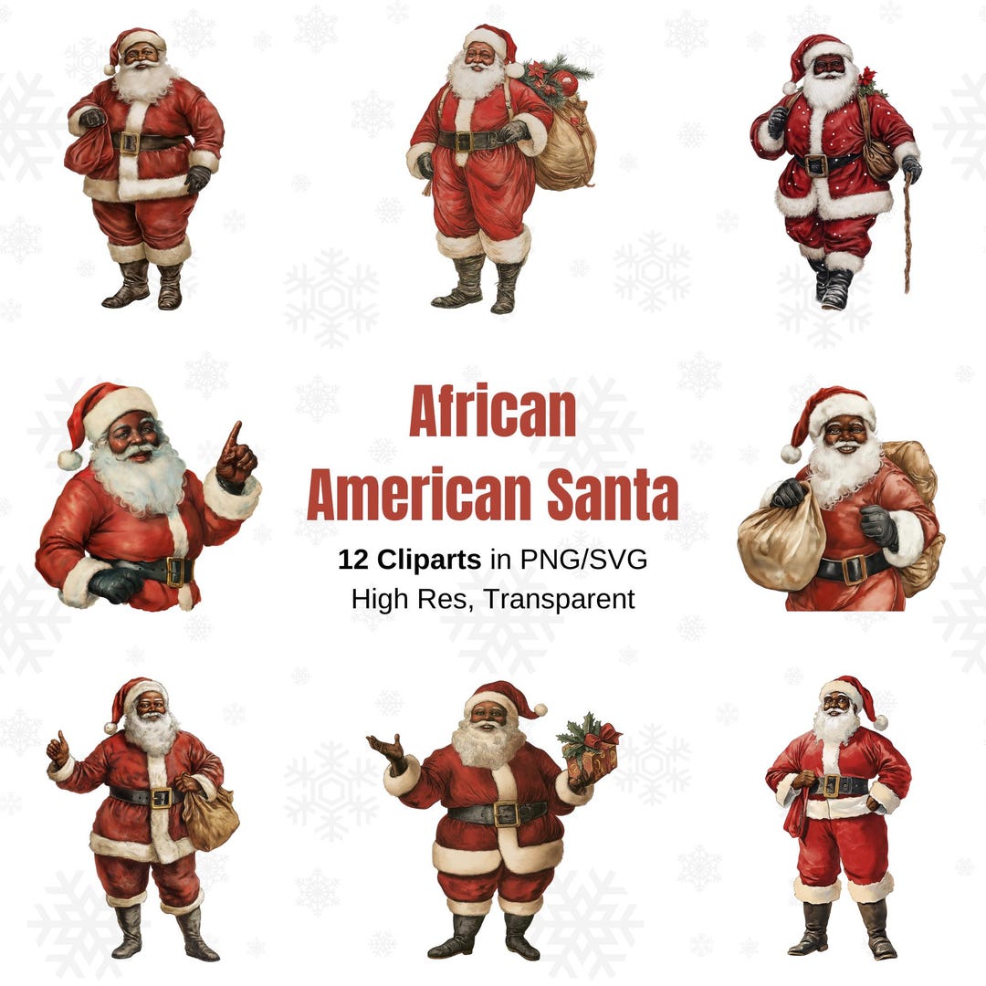 12 Black Santa Clipart Bundle – Vintage Watercolor SVG & PNG, Black ...