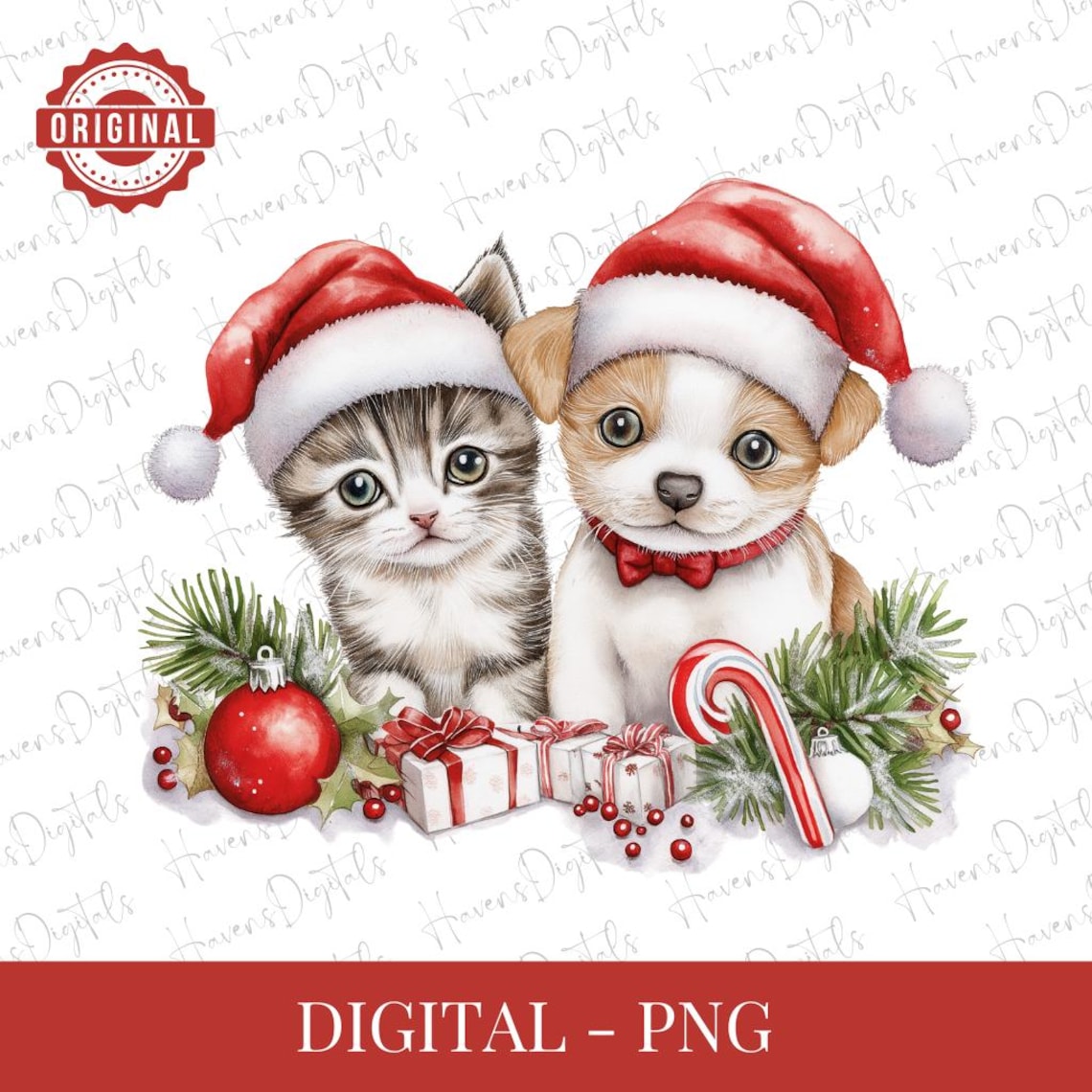 Christmas Cat and Dog Clipart Cute Dog and Cat Clipart, Pet Lover ...
