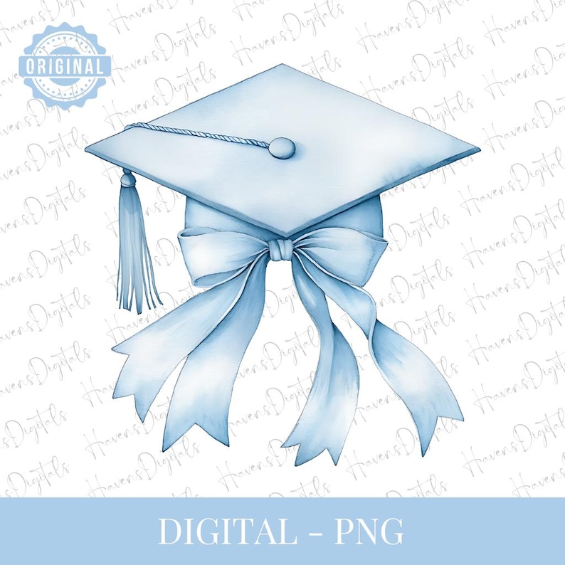 Graduation Cap Clipart With Blue Bow – Class of 2025 Senior PNG – Light ...