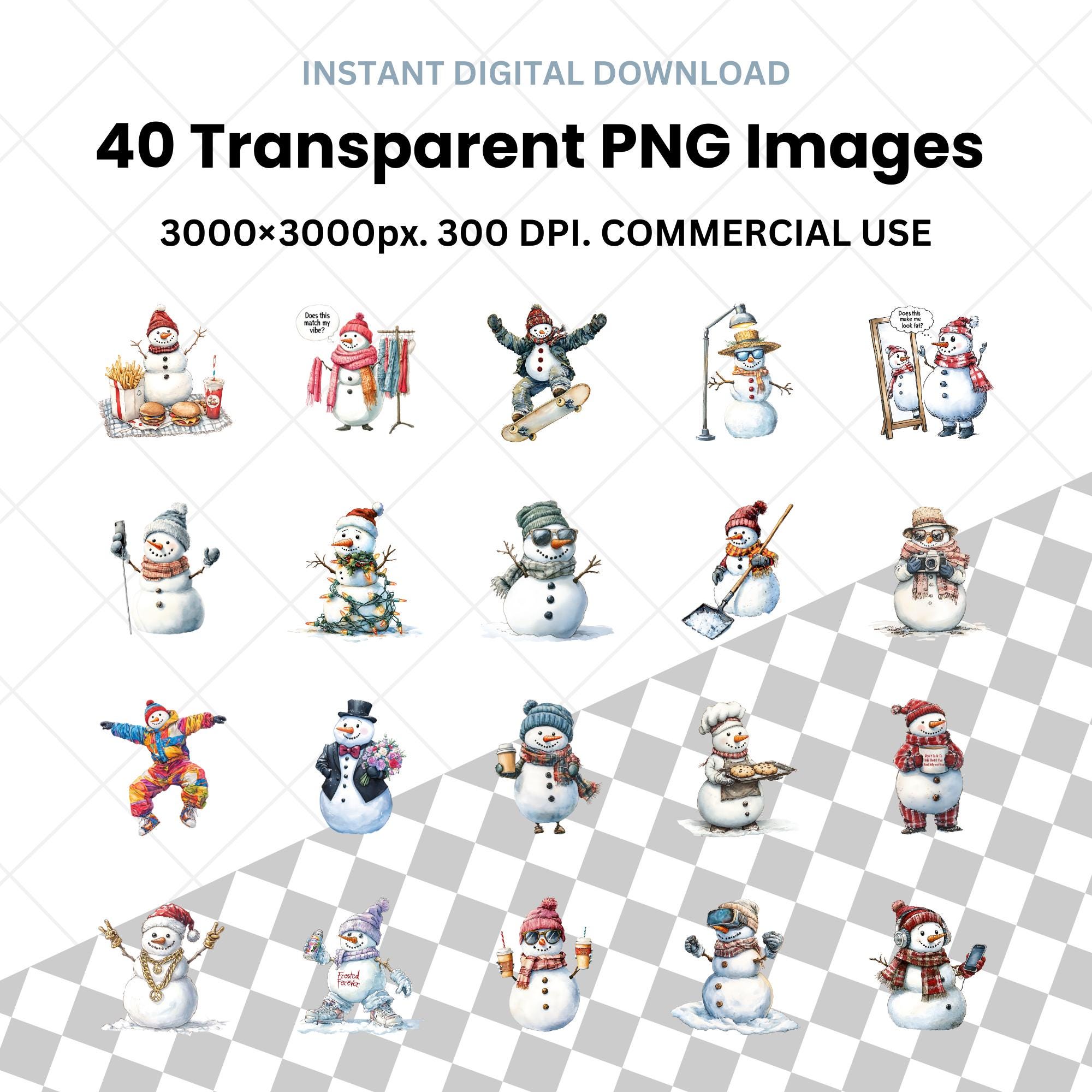 Funny Snowman Clipart Bundle 40 PNG Images Cute Snowman Clipart ...