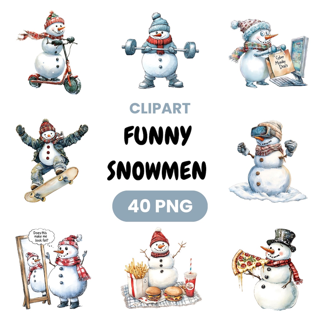 Funny Snowman Clipart Bundle 40 PNG Images Cute Snowman Clipart ...
