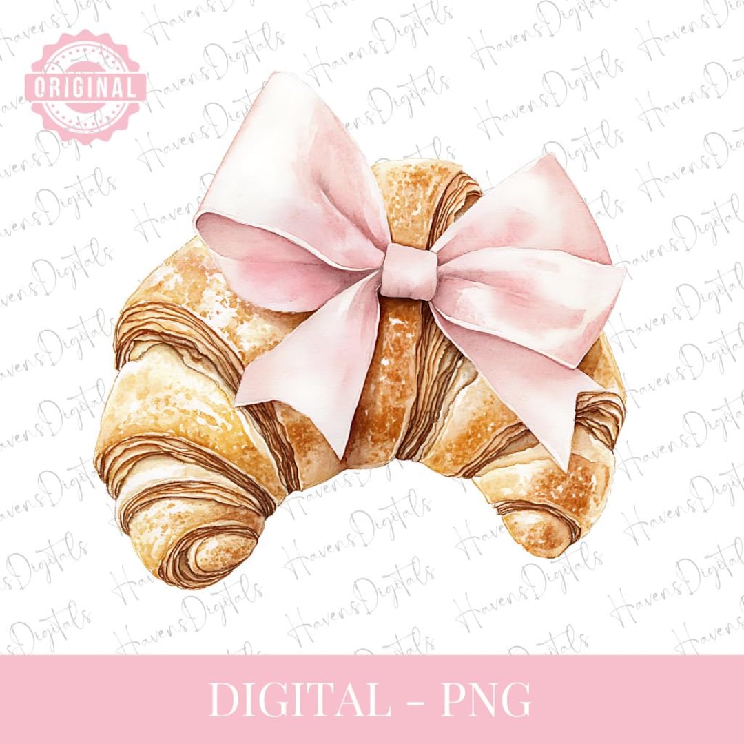 Cute Coquette Croissant Clipart | Pink Bow PNG | Watercolor Croissant ...