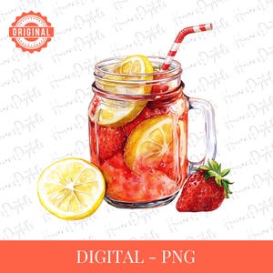 Strawberry Lemonade Mason Jar Clipart – Watercolor Summer Drink PNG ...