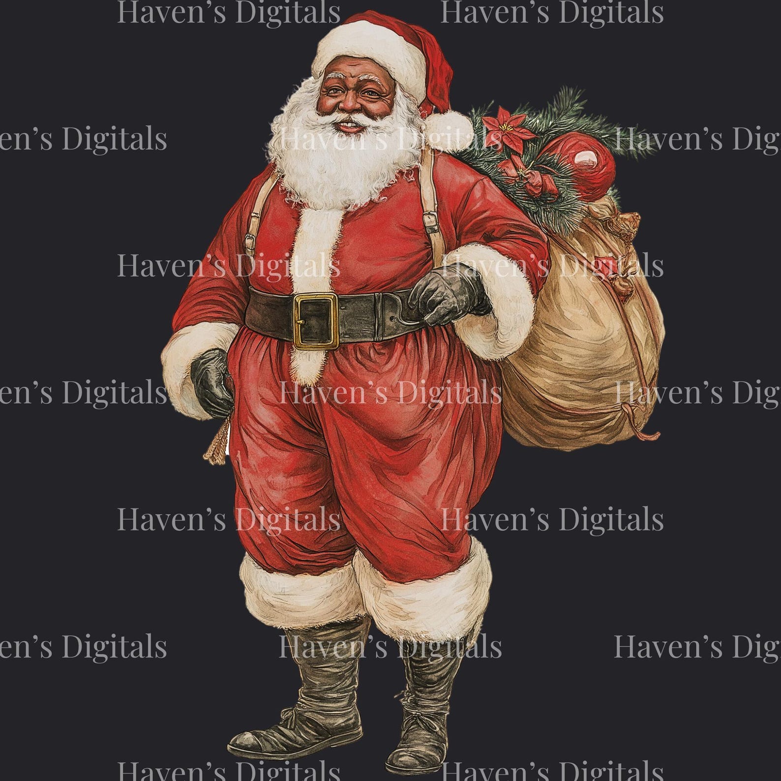 12 Black Santa Clipart Bundle Vintage Watercolor SVG & PNG, Black ...