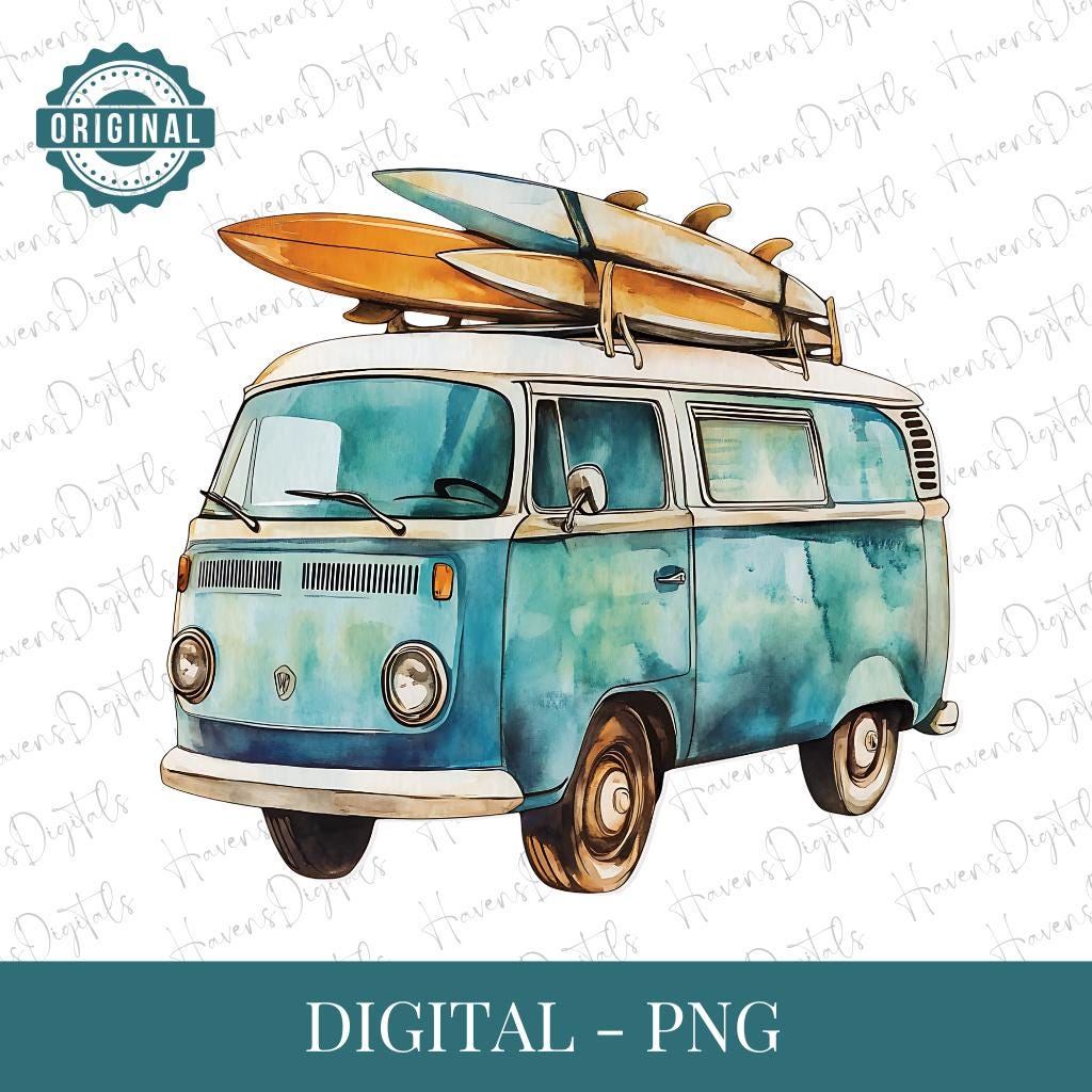 Vintage Surf Van With Surfboards Watercolor Clipart PNG – Beach Summer ...