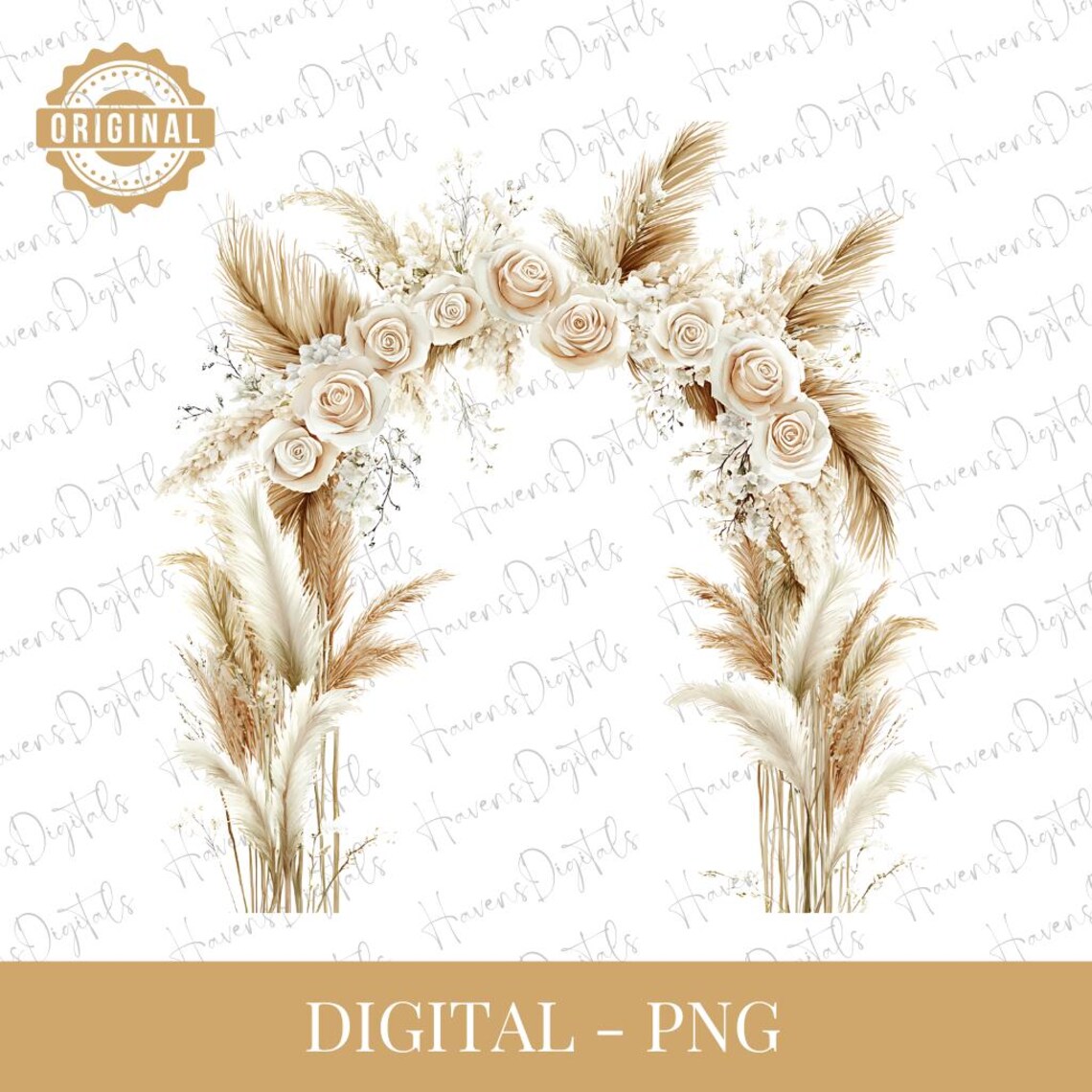 Boho Wedding Arch Clipart – Watercolor Pampas Grass Arch PNG, Neutral ...