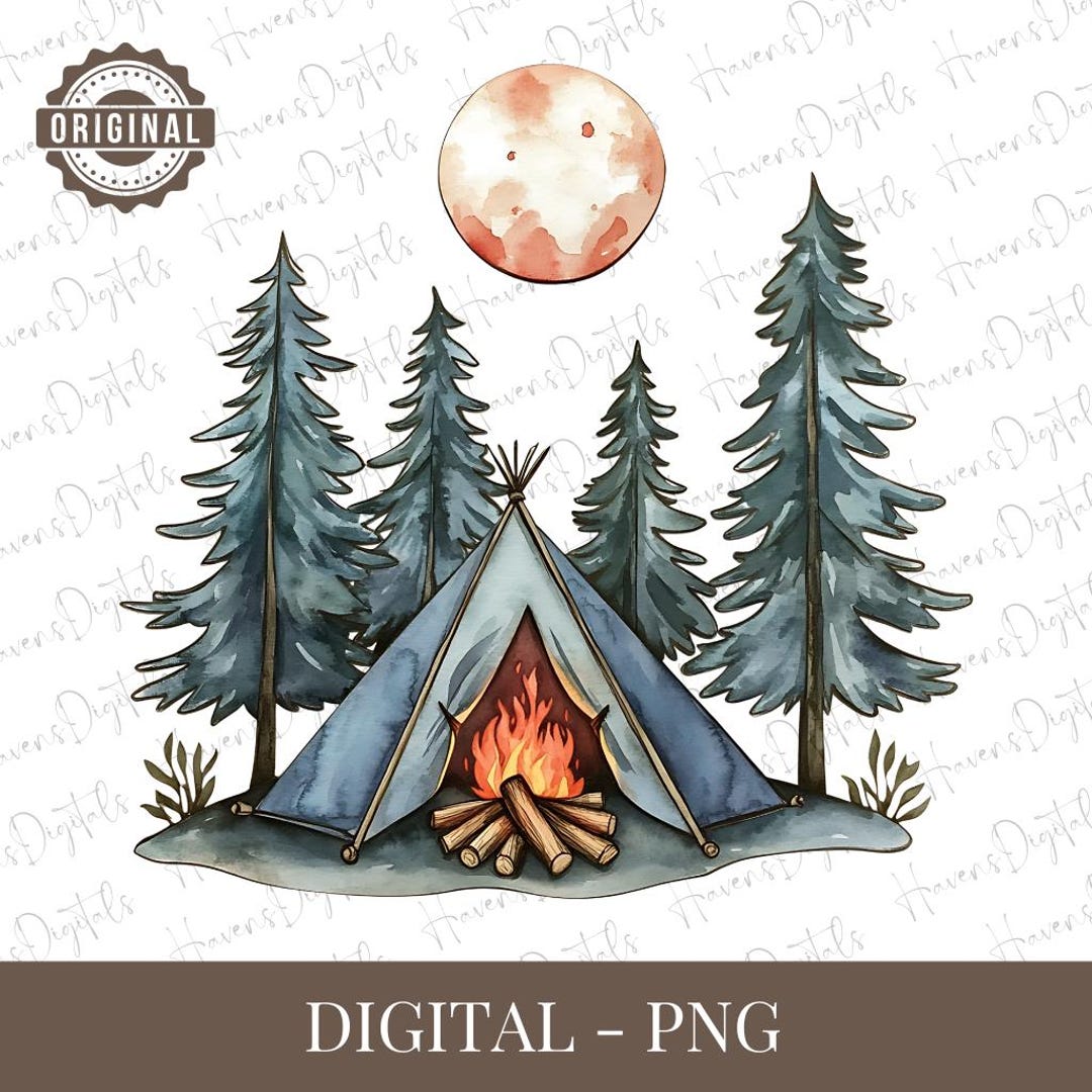 Campfire Tent Clipart – Summer Camping Forest PNG – Watercolor Tent and ...