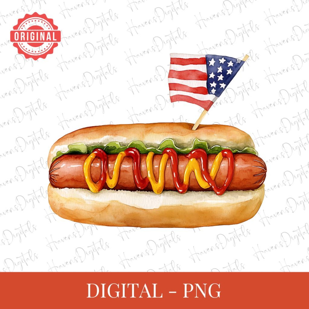 4th of July Hotdog Clipart – Watercolor BBQ Food PNG With American Flag ...
