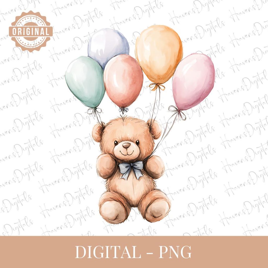 Watercolor Teddy Bear With Balloons Clipart – Baby Shower Bear PNG ...