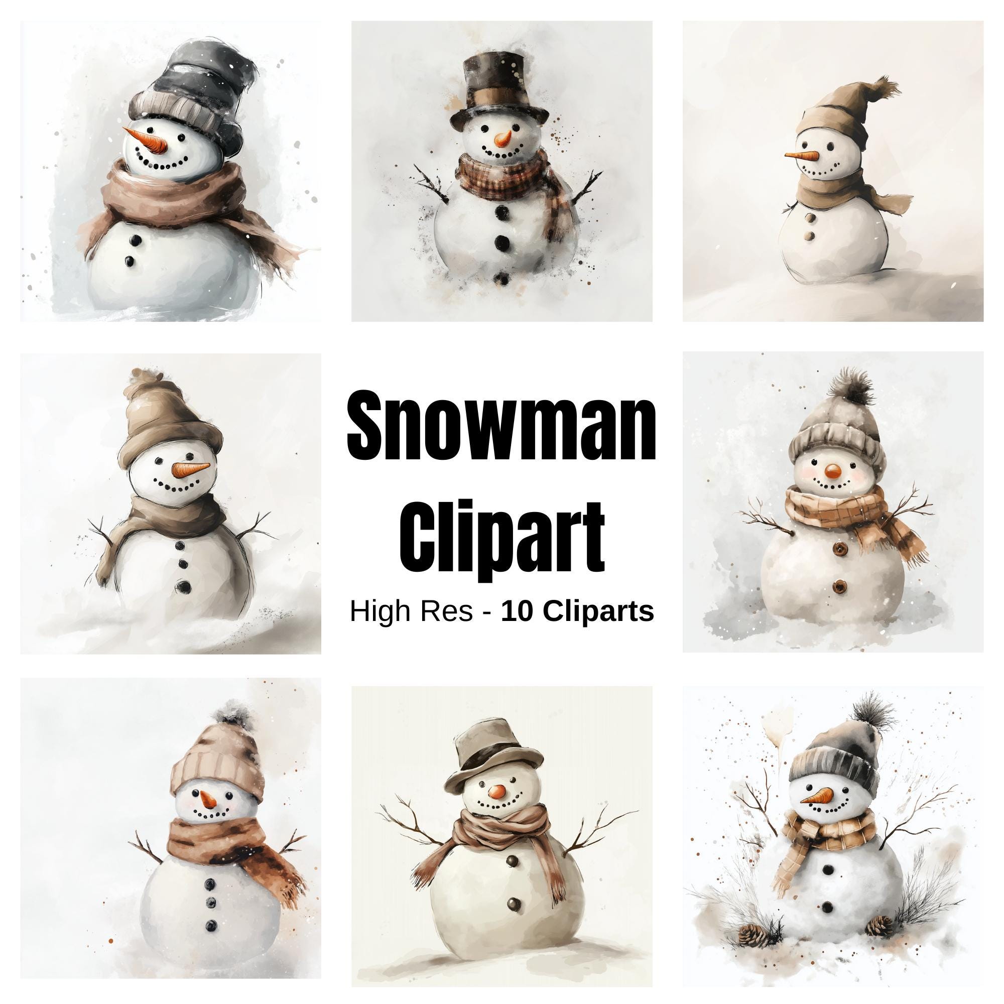 Cute Snowman Clipart Pack – 10 Watercolor Snowman PNG, Snowman Faces ...