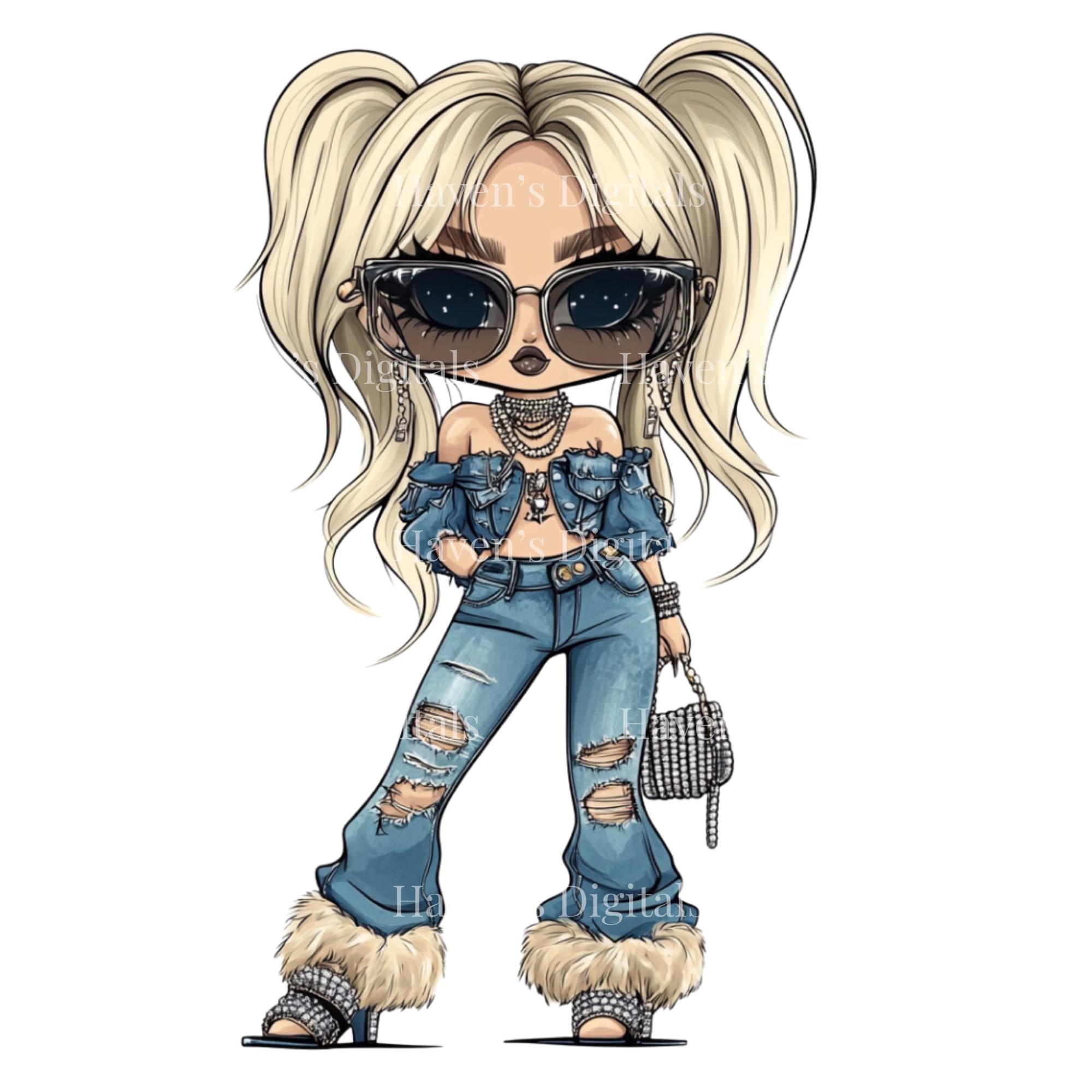 20 Chibi Girl Clipart Bundle – Stylish Denim Y2K Outfits, Chibi PNG ...