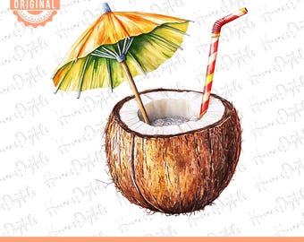 Coconut Drink With Umbrella Clipart – Tropical Summer PNG – Watercolor ...
