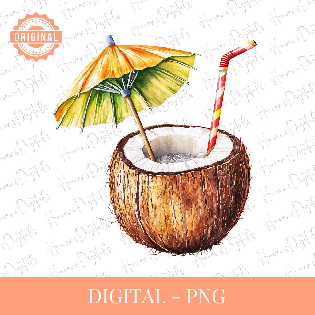 Coconut Drink With Umbrella Clipart – Tropical Summer PNG – Watercolor ...