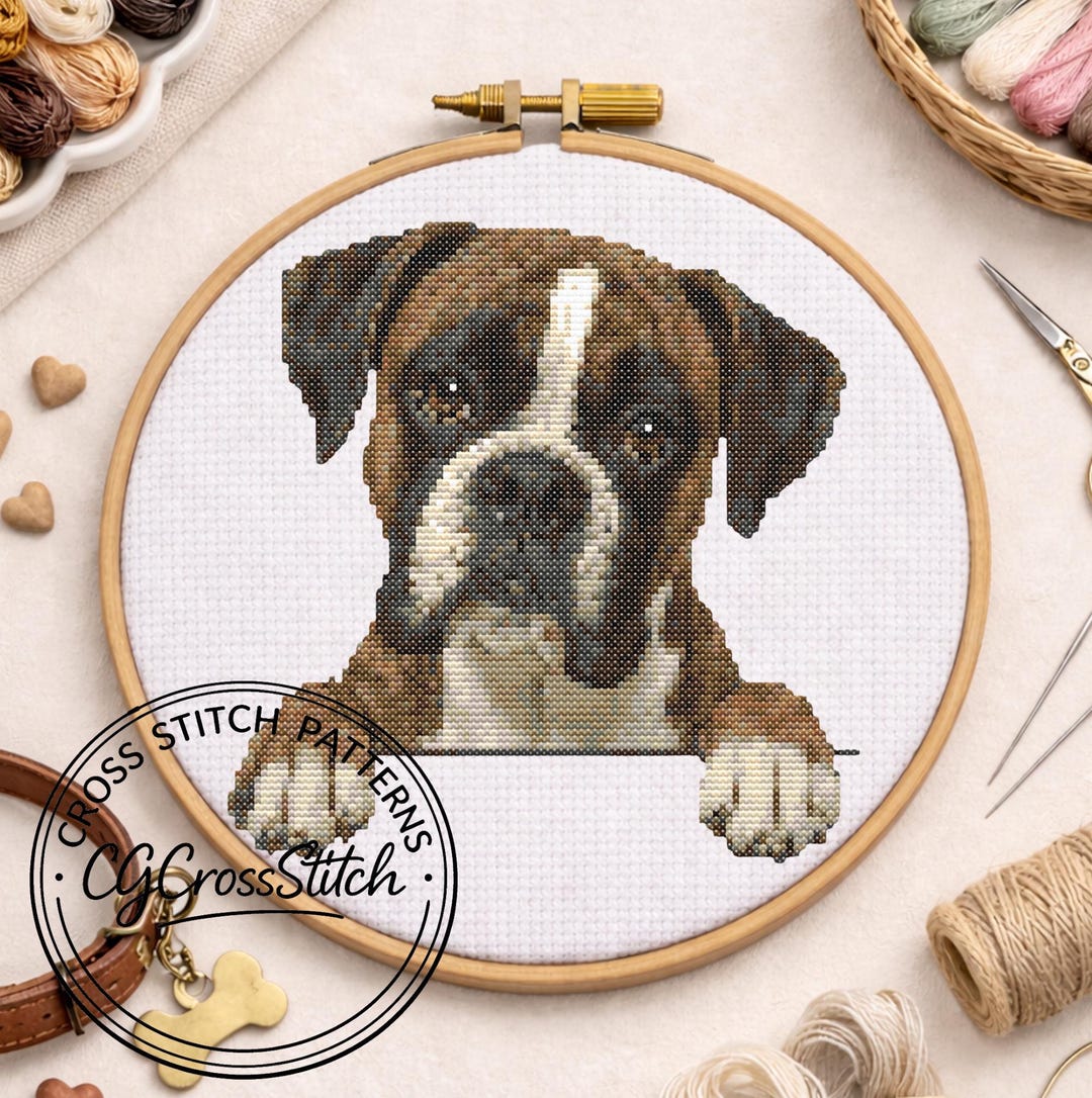 Boxer Dog Cross Stitch Pattern, Cute Boxer Dog Cross Stitch Design ...