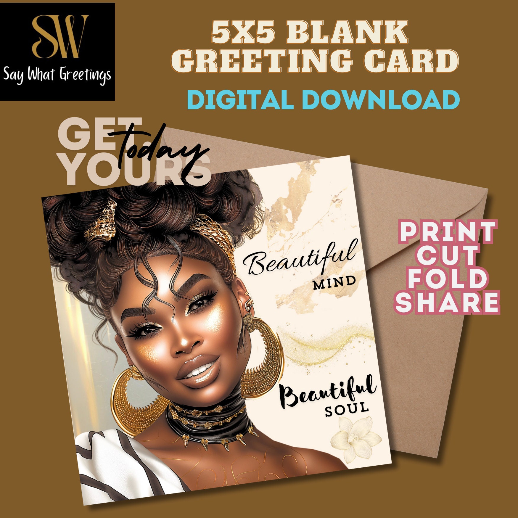Beautiful African American Woman 5x5 Blank Greeting Card | Digital ...