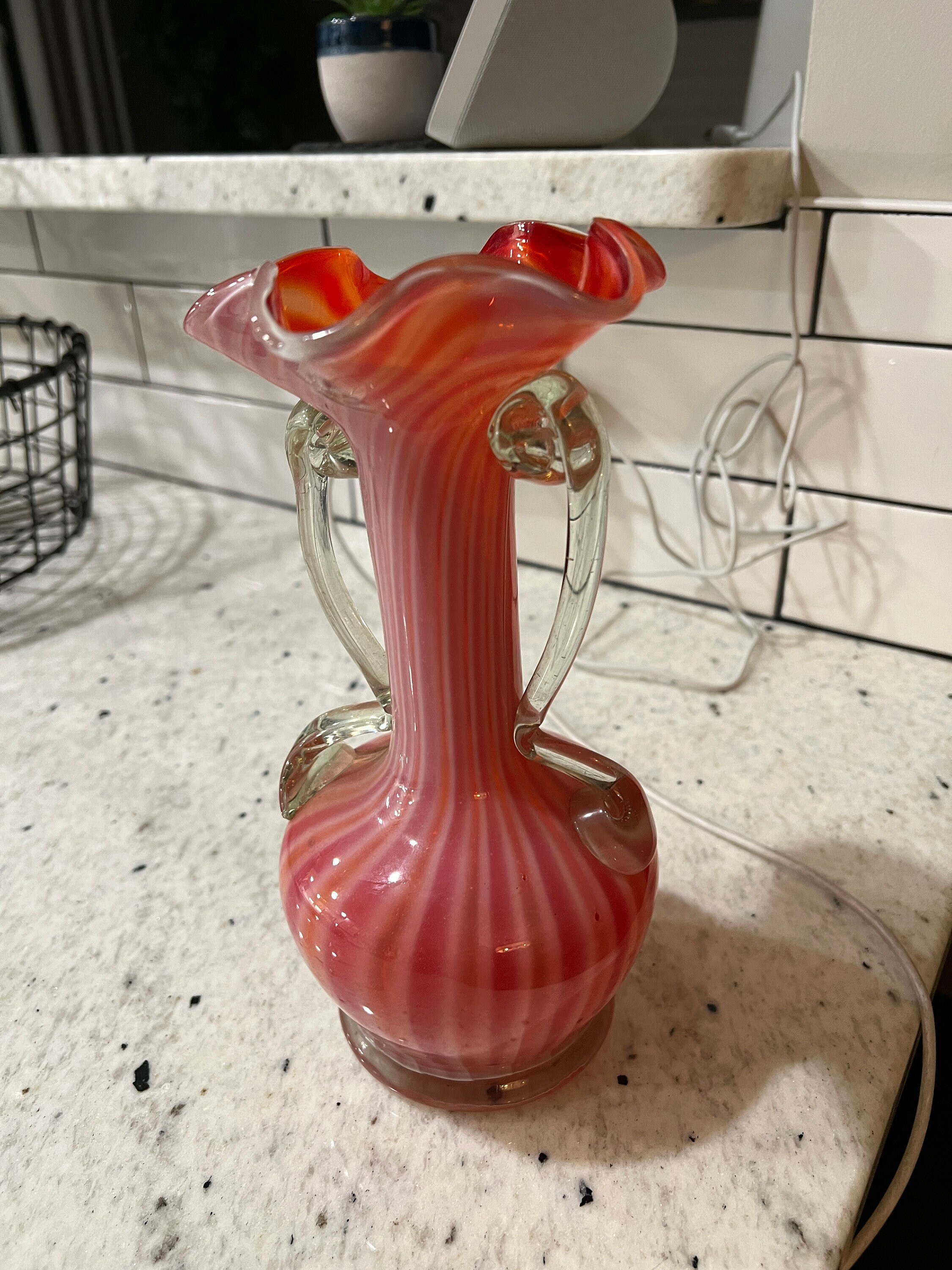 Vintage Italian Art Glass Vase Ruffled Rim Double Handles Cased Striped ...