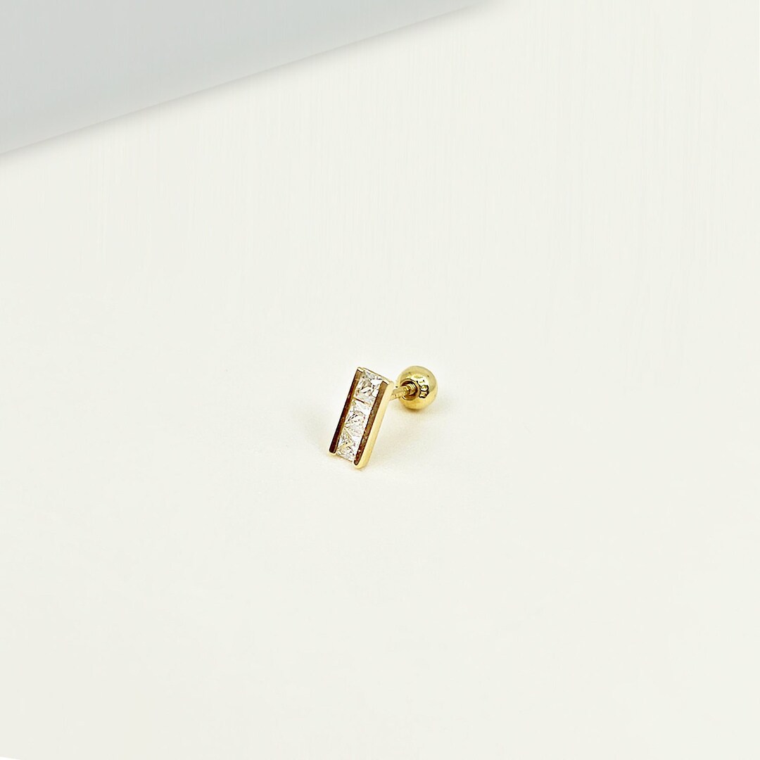 14K Solid Gold Rectangle CZ Stud Earring, Piercing Earring, Mini Balls ...